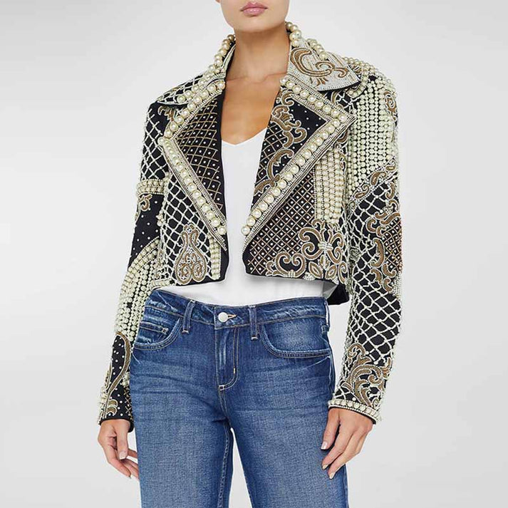 Beaded Embroidery Embellished Black Crop Blazer Oversize Velvet Coat ...
