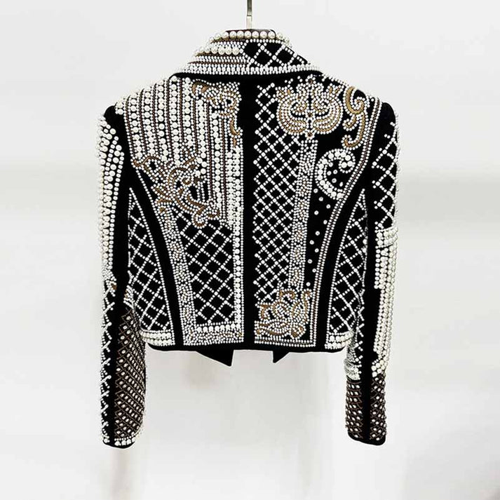 Beaded Embroidery Embellished Black Crop Blazer Oversize Velvet Coat ...