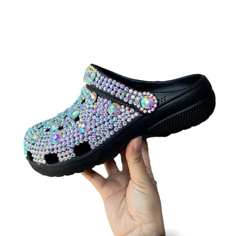 Black Crocs Closed Toe Clog Shoes Rhinestone Beads Mules Slip on Sanda ...