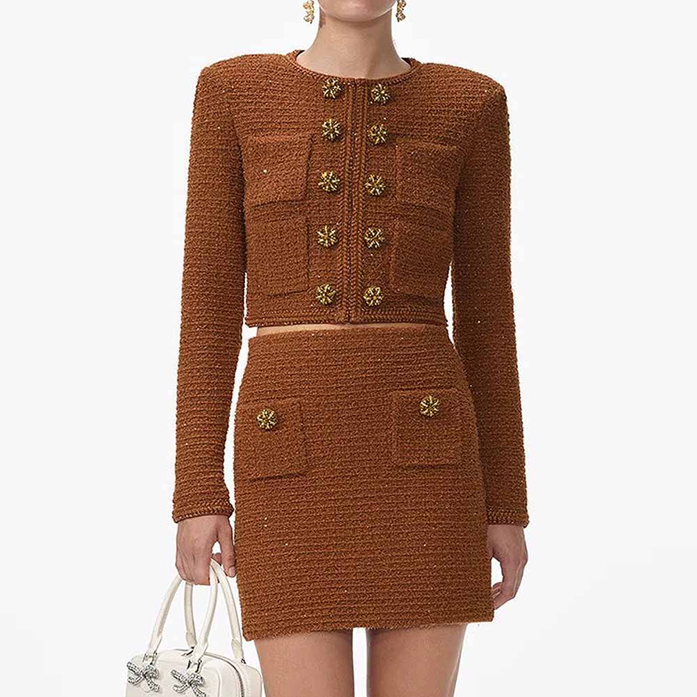 Collarless Textured Knitted Suit Cropped Mini Skirt Suit – SD Dresscode ...