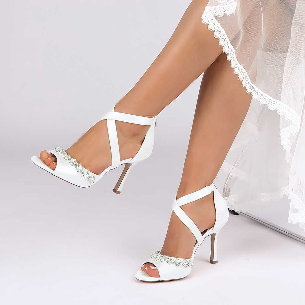 Crystal Detail Cross Strap Sandals Hand-Made Wedding Shoes Zipper Back ...