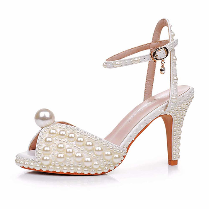 Peep Toe Wedding Shoes Pearls Detail Bridal Heels Prom Shoes – SD ...