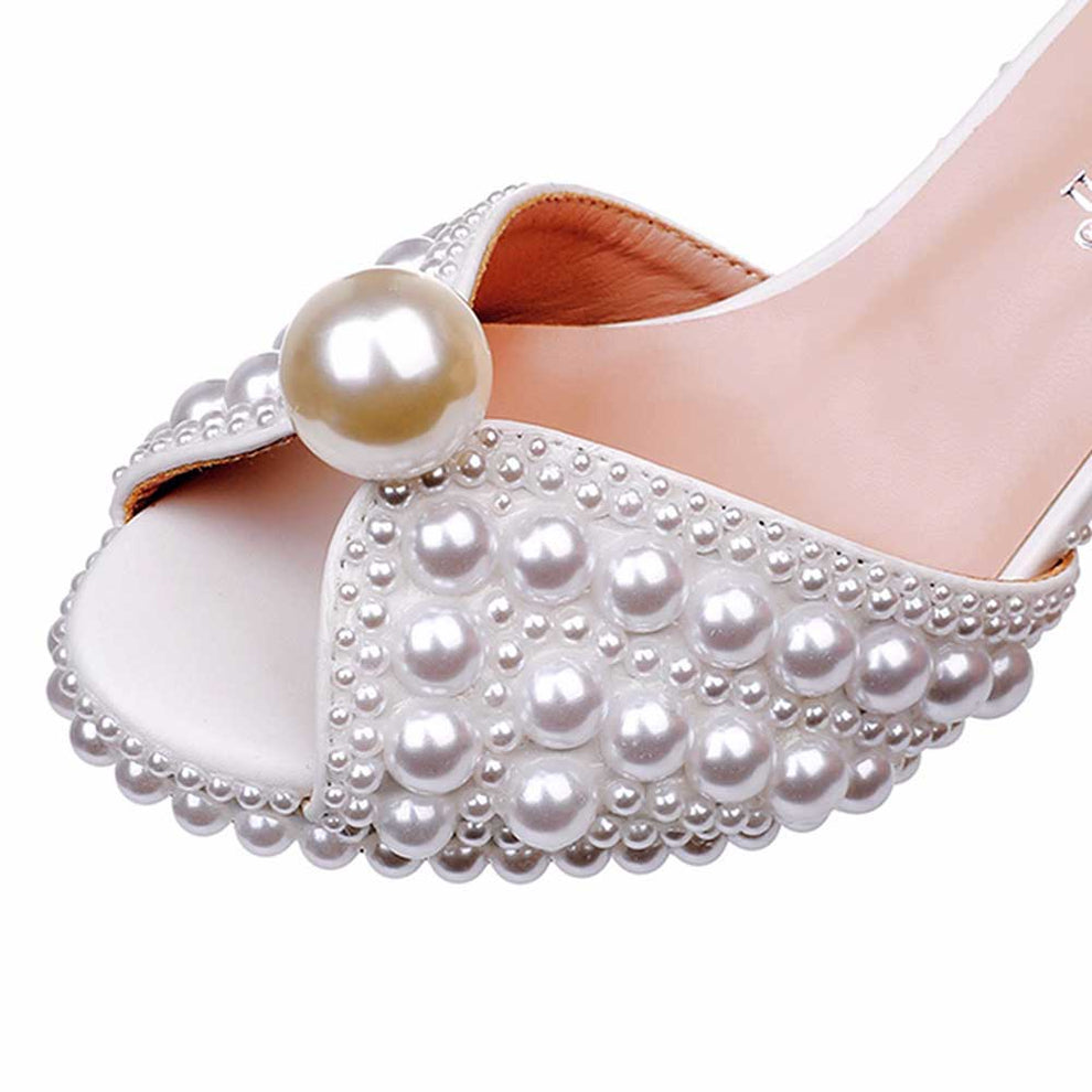 Peep Toe Wedding Shoes Pearls Detail Bridal Heels Prom Shoes – SD ...
