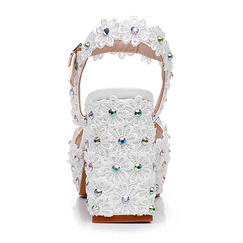 Platform Wedding Shoes Flower Appliqued Block Heeled Bridal Shoes Even ...