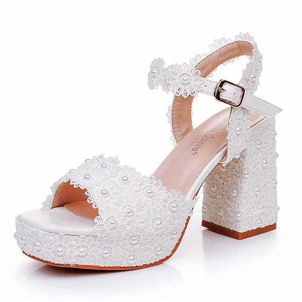 Platform Wedding Shoes Flower Appliqued Block Heeled Bridal Shoes Even ...