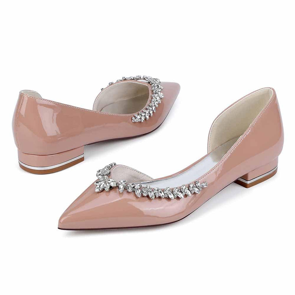 Point Toe Flat Dress Shoes Rhinestones Detail Patent Leather Wedding S ...