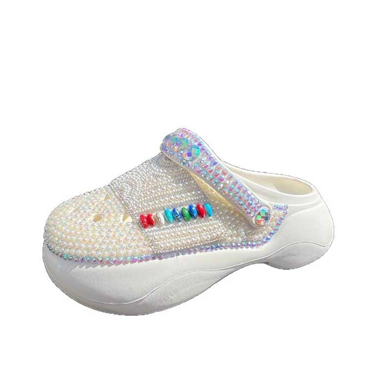 Rhinestone Pearls Flat Wedding Sneakers Round Toe Clog Shoes White Sli ...