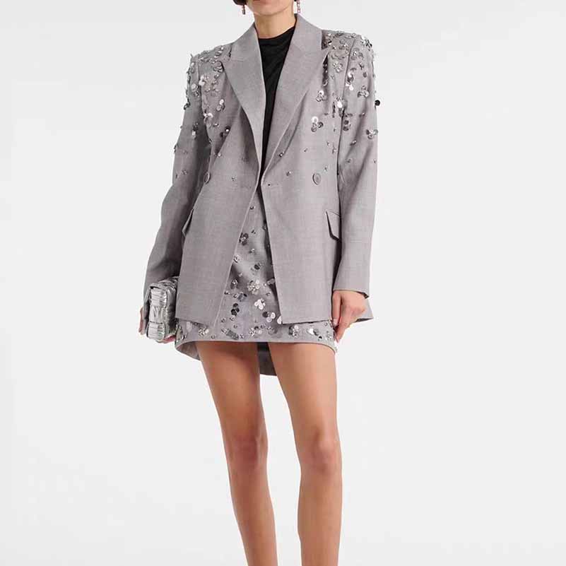 Women Beaded Grey Mini Skirt Suit Crstyal Embellished Two Pieces Set ...
