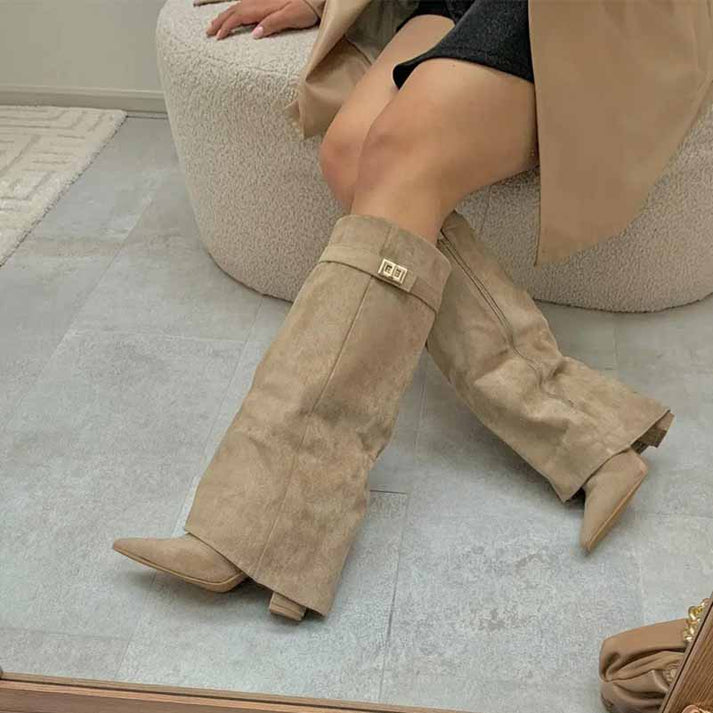 Women Knee High Boots Fold Over Chunky Heel Boots – SD Dresscode ...