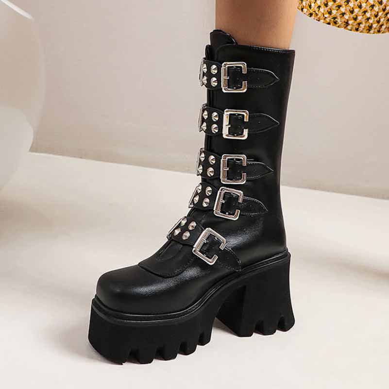 Gothic Steampunk Black Platform Boots Buckle Strap Mid Calf Zipper Boo ...