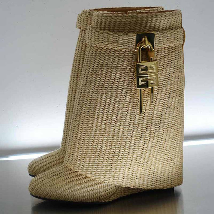 Women Shark Lock Ankle Boots Raffia-Woven Wedge Boots – SD Dresscode ...