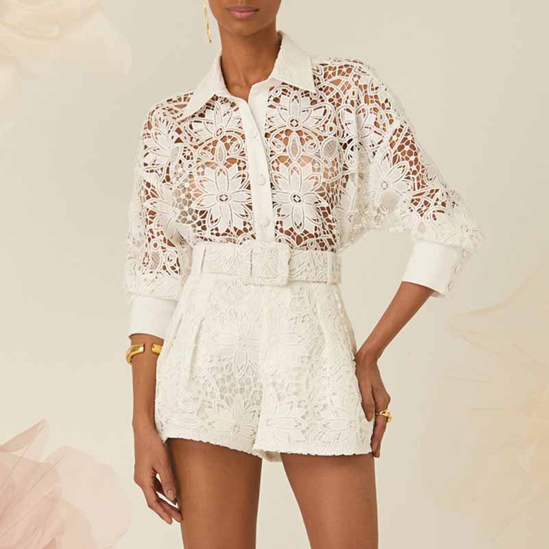 Women's Short Suit Hollow Cut Lace Two Pieces Set – SD Dresscode ...