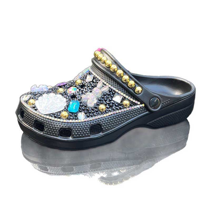 Womens Closed Toe Clog Shoes Rhinestone Beads Mules Sparkly Slip on Sa ...