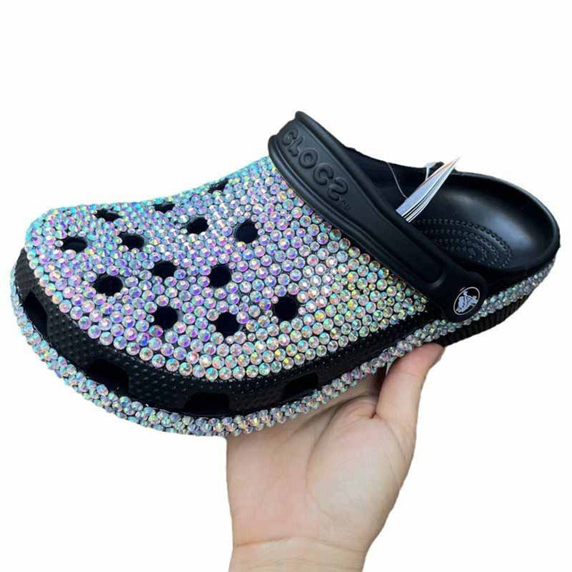 Women Crocs Closed Toe Clog Shoes Rhinestone Beads Mules Slip on Sanda ...