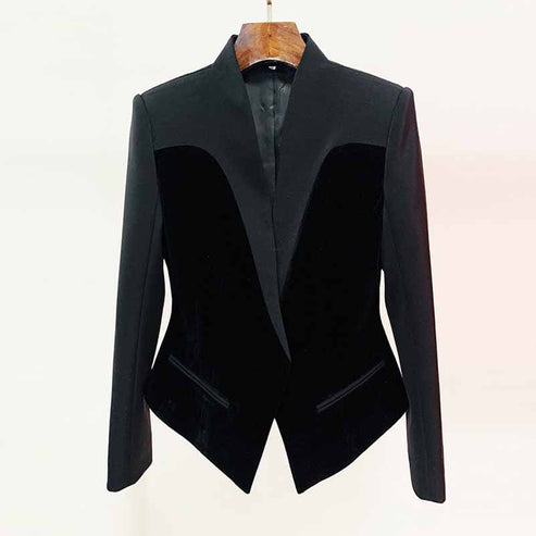 Women's black silhouette Jacket velvet patchwork V-Neck Slim Fitted Bl ...