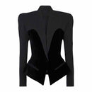 Women's black silhouette Jacket velvet patchwork V-Neck Slim Fitted Bl ...
