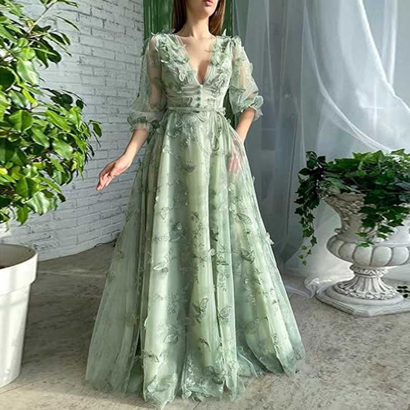 Women A Line V Neck 3D Lace Appliqued Tulle Long Prom Evening Dress Wi ...