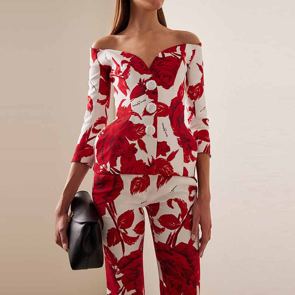 Women One Shoulder Printed Cropped Top and Pants Suit Printing Two Pie ...