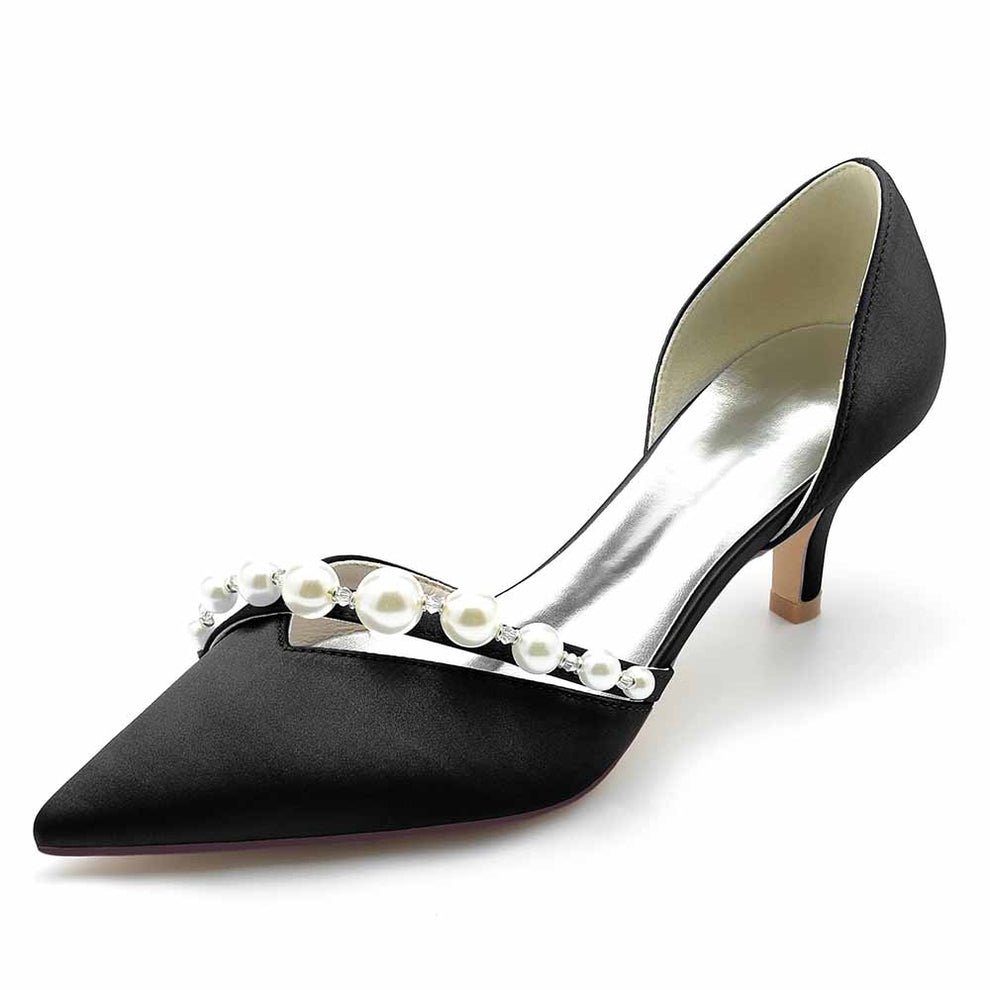 Low Heels Pull-on Wedding Heels Satin Formal Shoes with Pearls Bridal ...