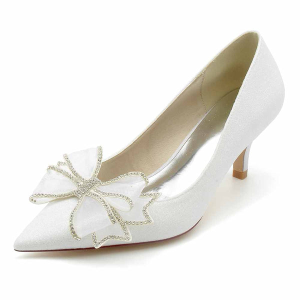 Satin Low Heels Slip-On Pumps Closed Toe Party Shoes With Bows – SD ...