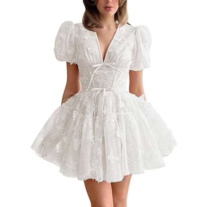 Women Mini Tulle Prom Dress Flower Embroidery Dress Short Formal Homec ...