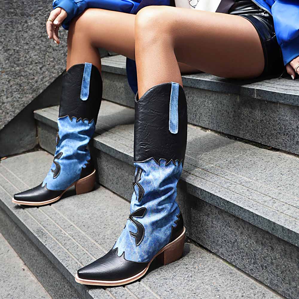 Women's Cowboy Boots Denim Colored Thick High Heel Western Boots – SD ...