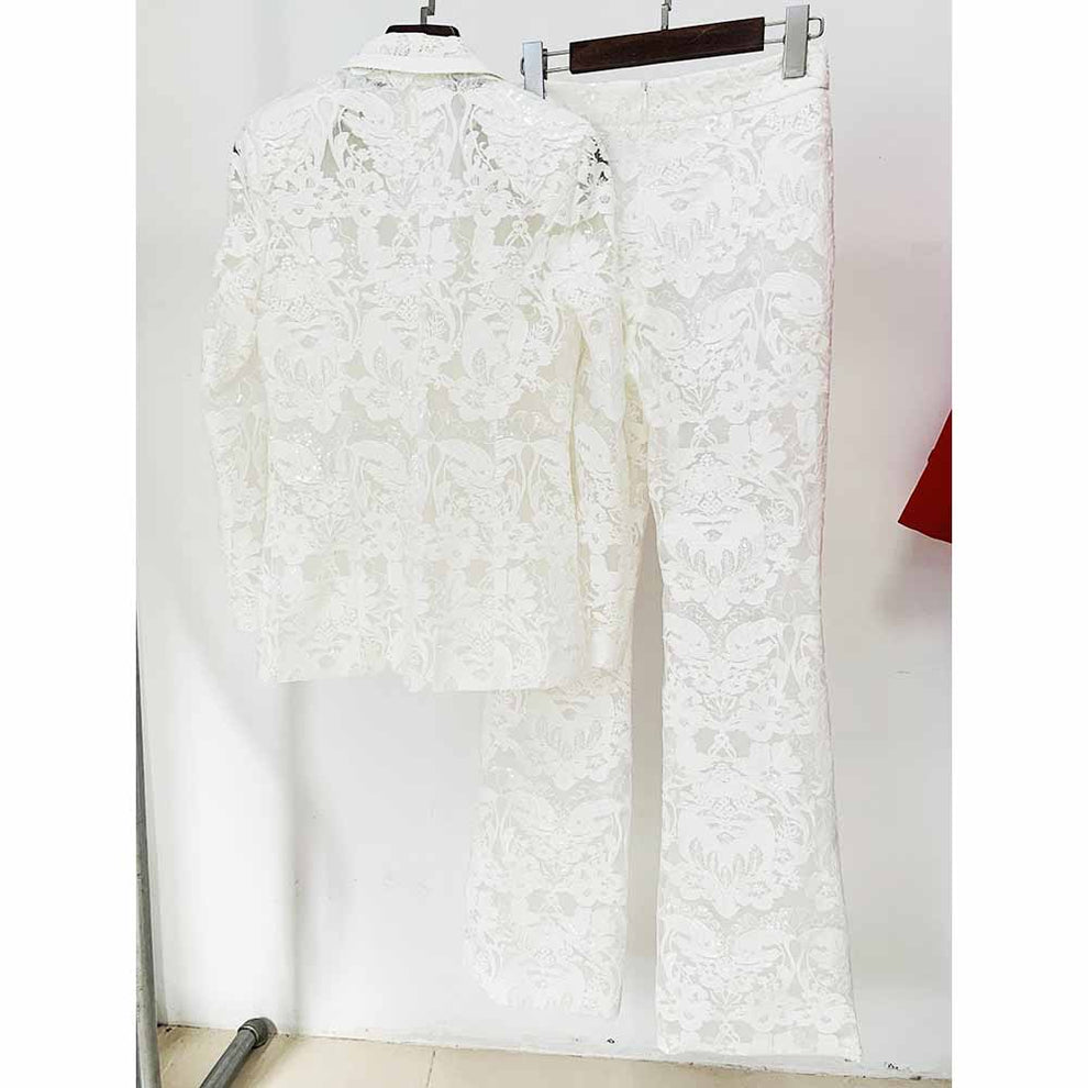 Women Sequined Wedding Suit Lace Blazer + Trousers Two Pieces Set Even ...