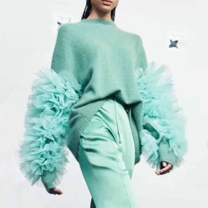 Women's Mint Sweater Loose Trendy Sweater With Lace Sleeves – SD ...