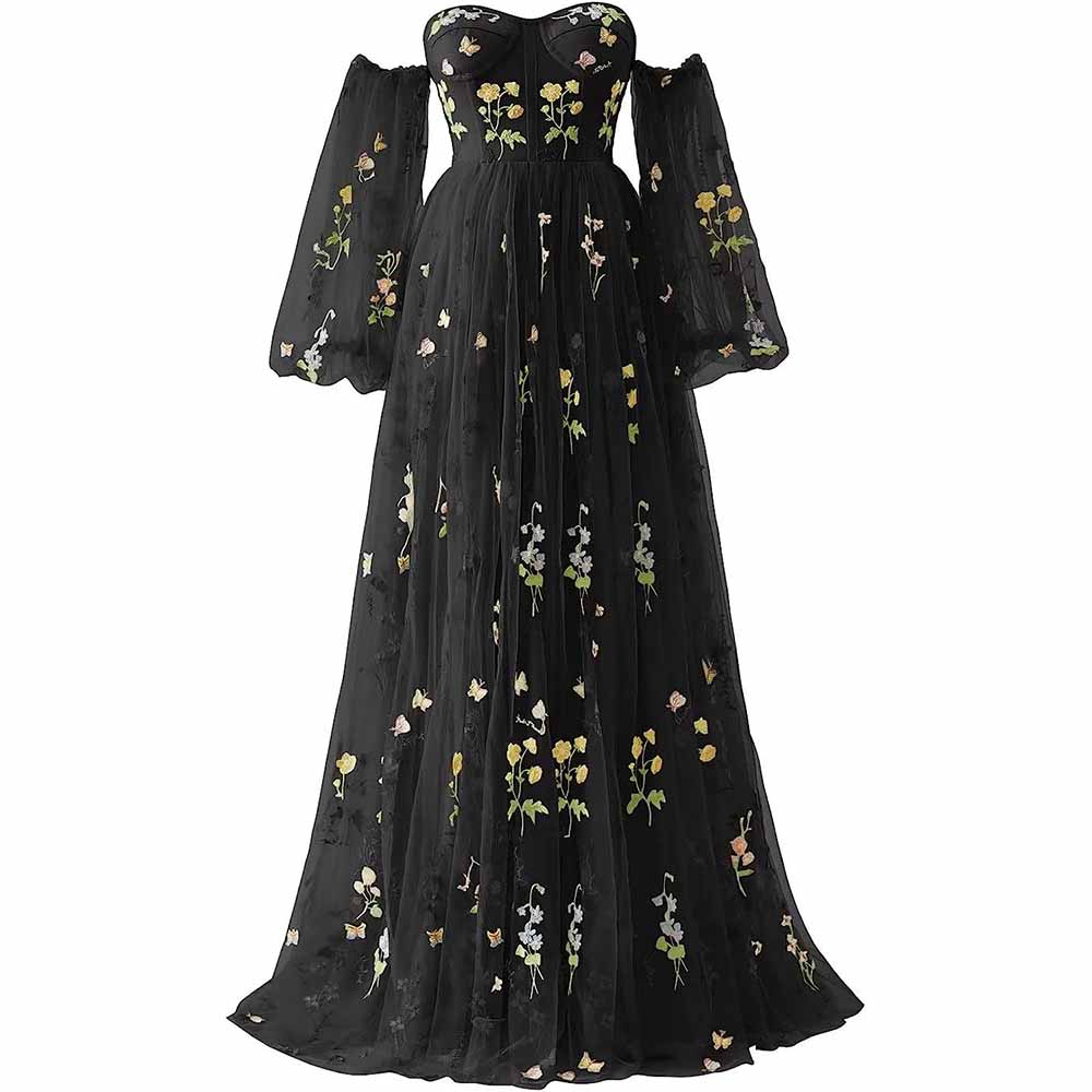 Womens Flower Embroidery Tulle Prom Dress Formal Evening Party Gowns