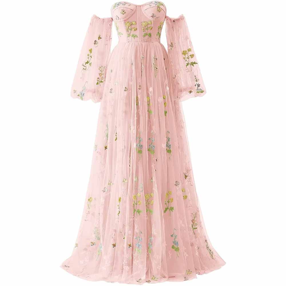 Womens Flower Embroidery Tulle Prom Dress Formal Evening Party Gowns