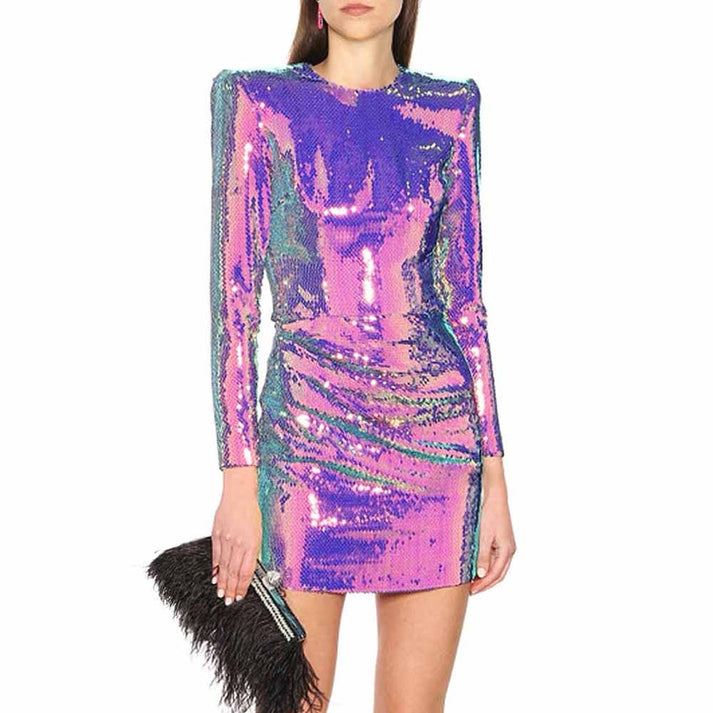 Women's Sequin Mini Dress Long Sleeves Colorful Cocktail Dress – SD ...