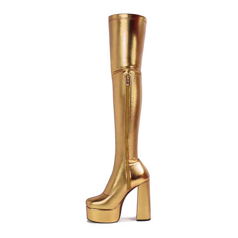 Shiny Faux Leather Double Platform Block Heel Thigh High Boots – SD ...