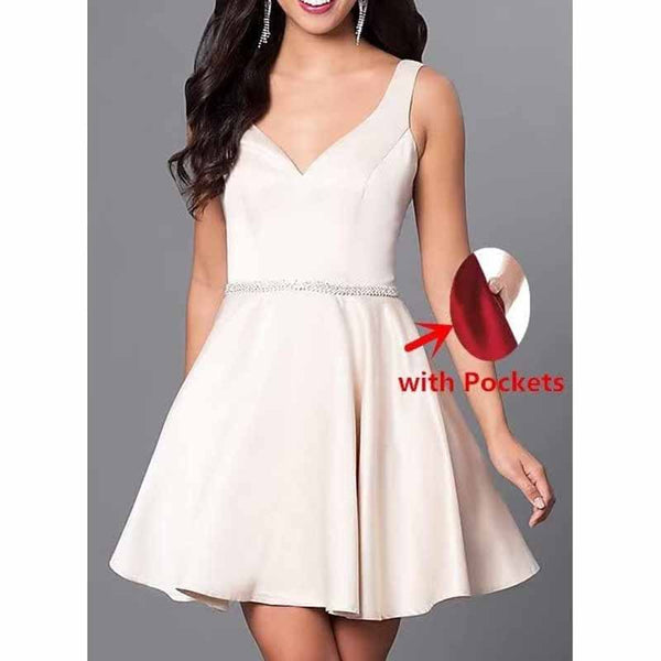 Teens Short Homecoming Dresses Pocket V-Neck Open Back Satin Prom Part ...