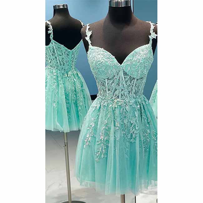Junior's Spaghetti Straps Lace Homecoming Dress for Teens Tulle Short ...