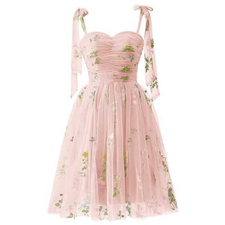 Women Tie Strap Tulle Prom Dresses Flower Embroidery Dress Short Forma ...