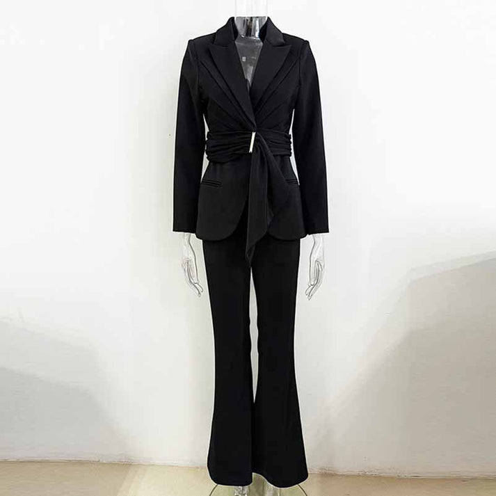 Women Pantsuits With Belt Flare Bottoms Two Pieces Formal Suit Slim Fi ...
