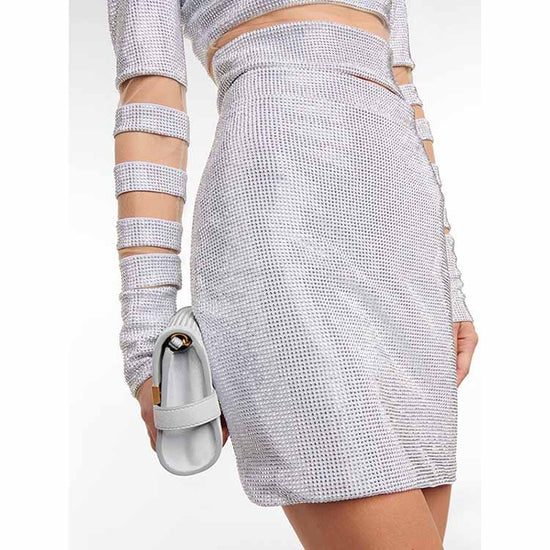Women Bling Bling Rhinestones Mesh Sexy Fitted Crop Top + Mini Skirt S ...