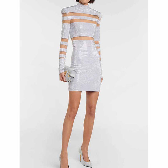 Women Bling Bling Rhinestones Mesh Sexy Fitted Crop Top + Mini Skirt S ...