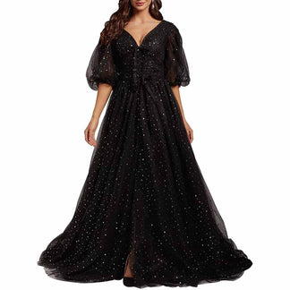 Sparkle Tulle Prom Dresses Puffy Sleeve Slit Formal Evening Party Gown ...