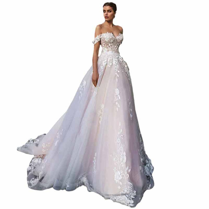 Tulle Sweep Train A-Line Princess Off-The-Shoulder Zipper Wedding Dres ...
