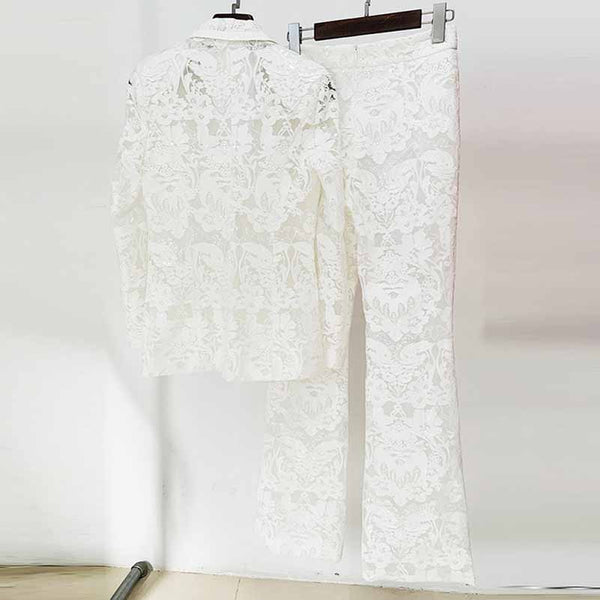Women Luxury Sequinned Mesh Lace Blazer Jacket + Flare Trousers Pants ...