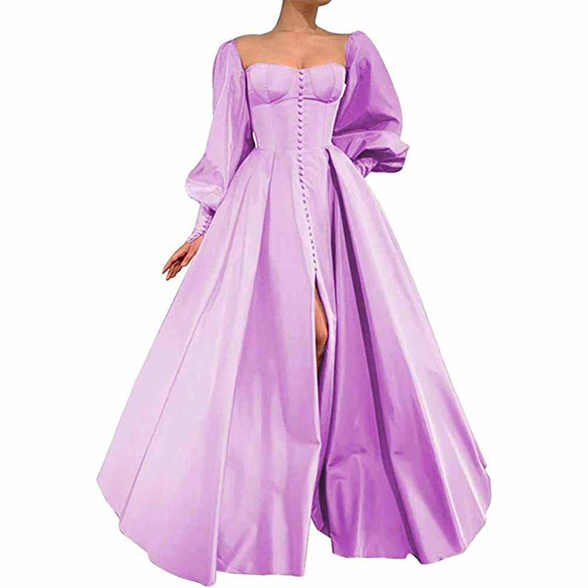 Long Puffy Sleeve Prom Dresses Ball Gown Satin Formal Party Wedding Ev ...