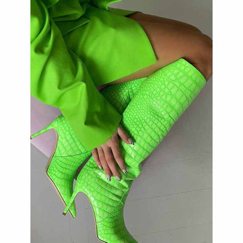 Women pointed toe knee-high boots candy color heeled boot 15 colors ...