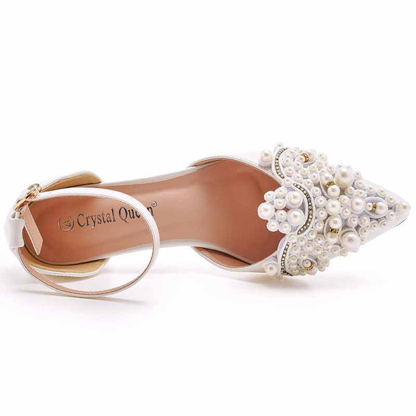 Women Block Heels Pearls Wedding Shoes Closed Toe Prom Party Sandals ...