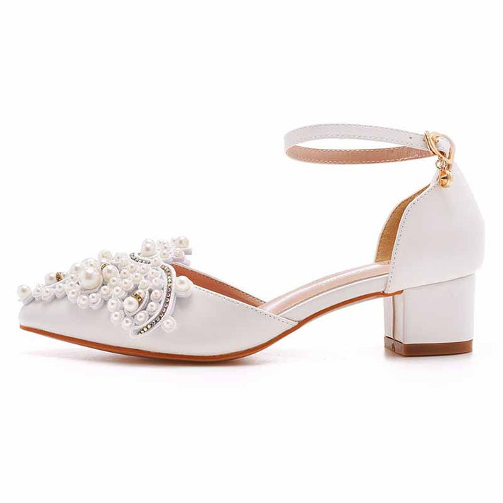 Women Block Heels Pearls Wedding Shoes Closed Toe Prom Party Sandals ...