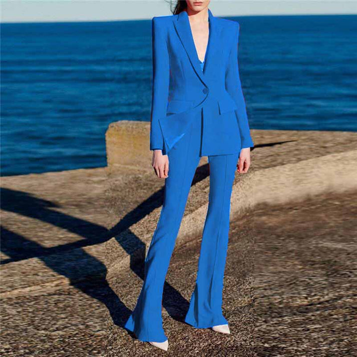 Two Piece Ocean Blue Set Office Business Single Buttons Pants Formal S ...