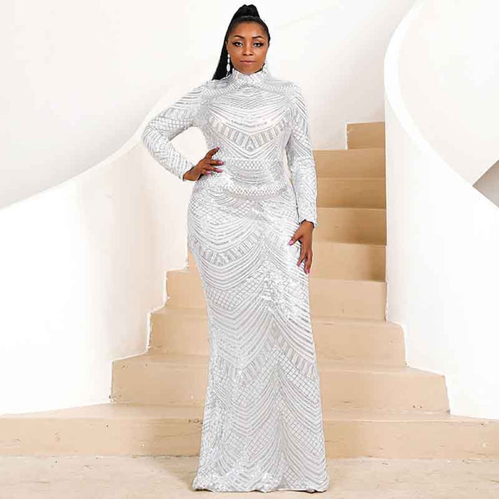 Women Plus Size Long Sleeve Silver Sequin Gown Female Maxi Elegant ...