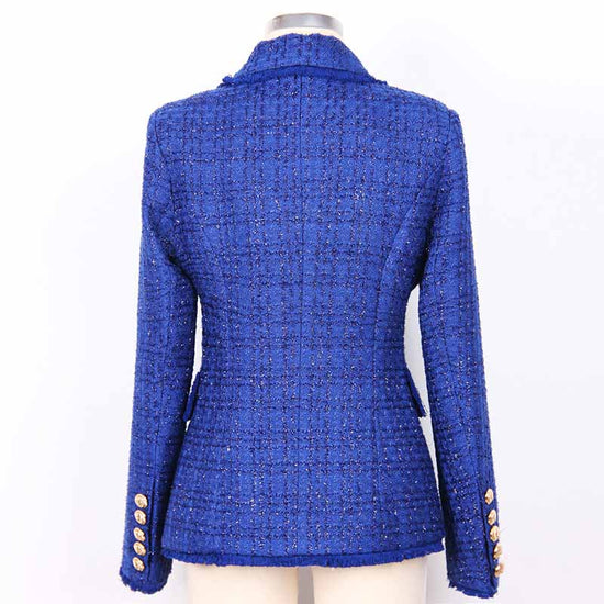 Women Tassel Fringe Trim Metal Lion Buttons Golden Checked Tweed Blaze ...